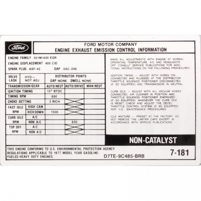 Decal - Emission - 351M/400 AT - 1977 Ford Trucks | Dennis Carpenter
