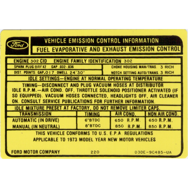 Decal - Emission - 302 AT/MT - 1973 Ford Trucks & Cars | Dennis Carpenter