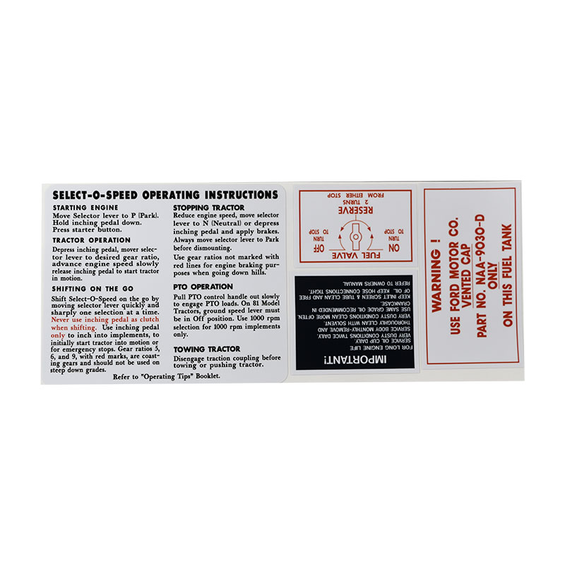 Restoration Decal Kit - 901 - Select-O-Speed - 1958-62 Ford Tractor